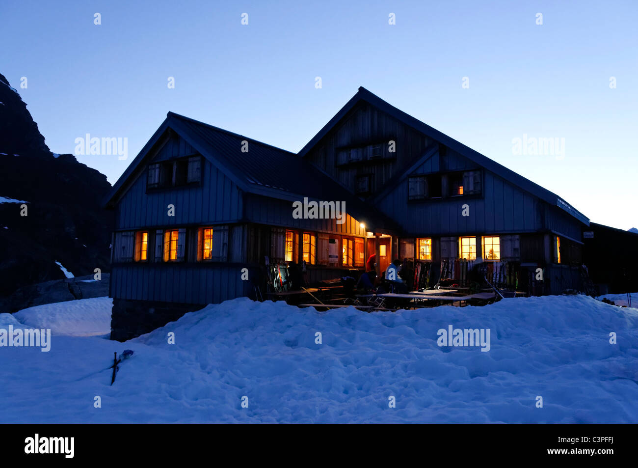 A dawn start, departing from the Prafleuri hut on the Haute Route ski ...