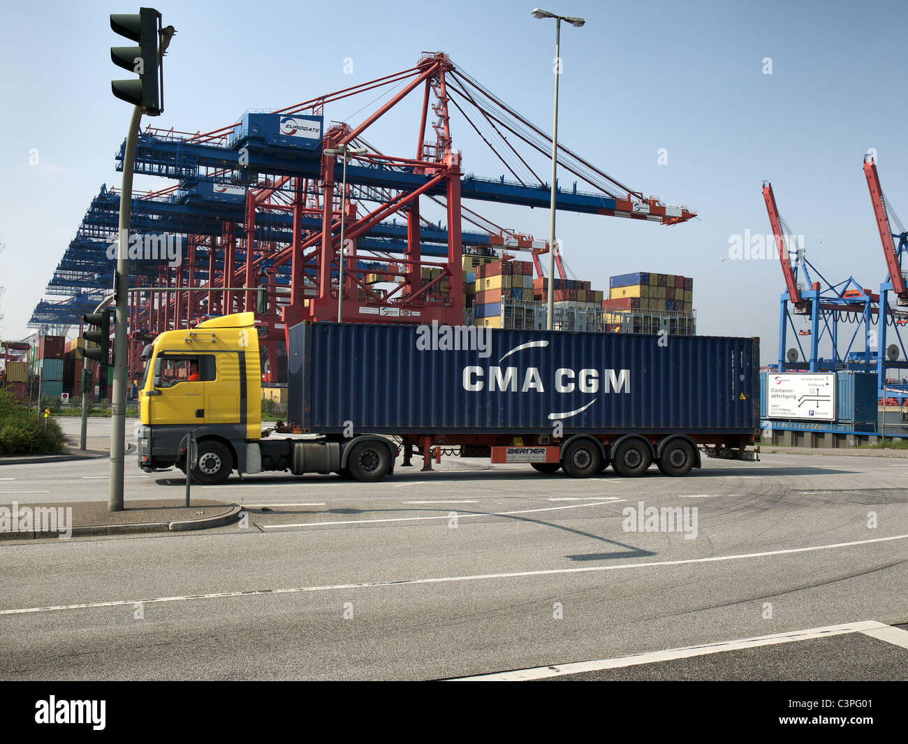 Truck with CMA CGM 40' container leaving the container terminal ...
