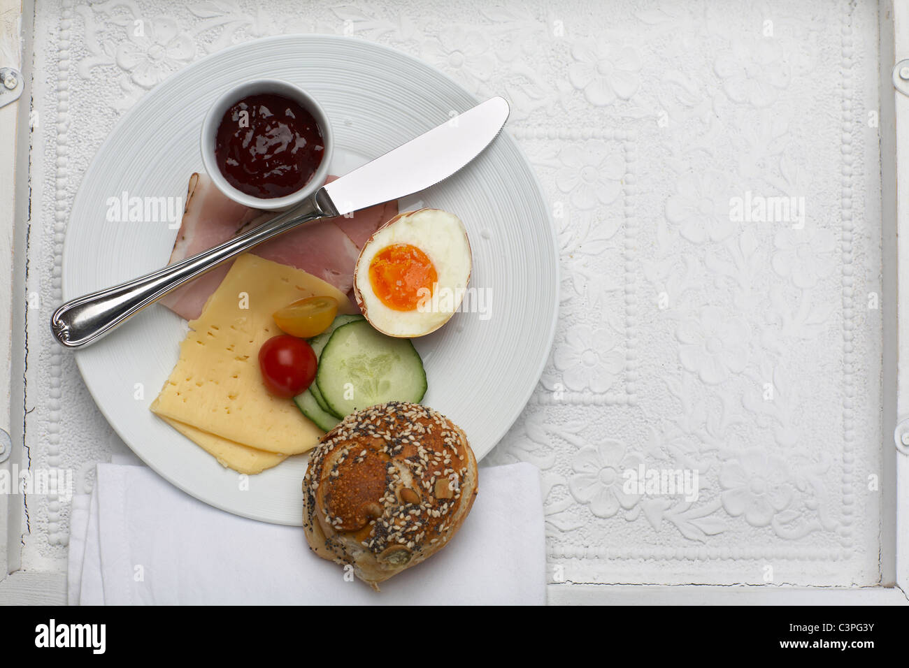 Breakfast on tray, elevated view Stock Photo - Alamy
