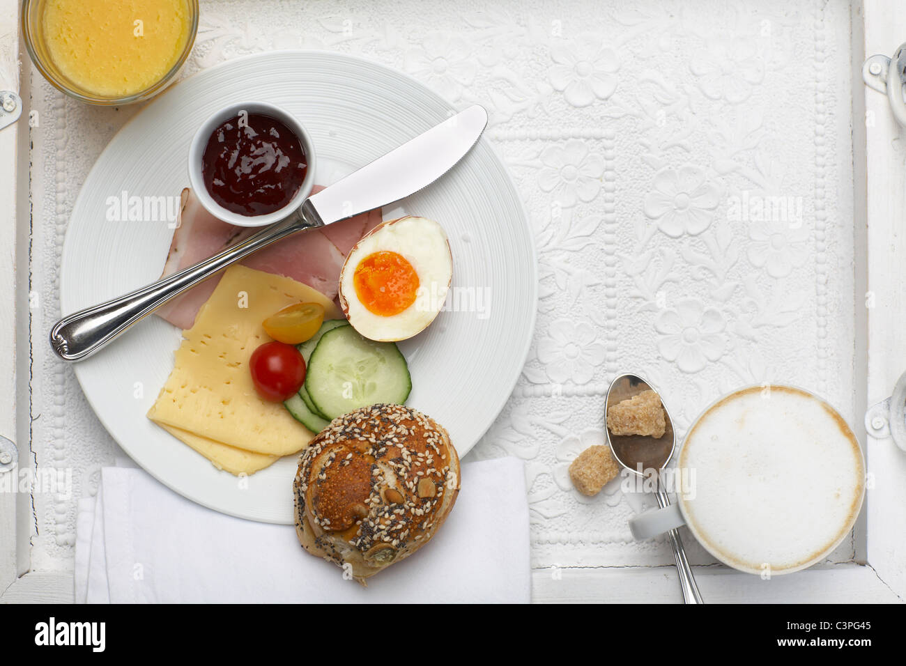 Breakfast on tray, elevated view Stock Photo - Alamy