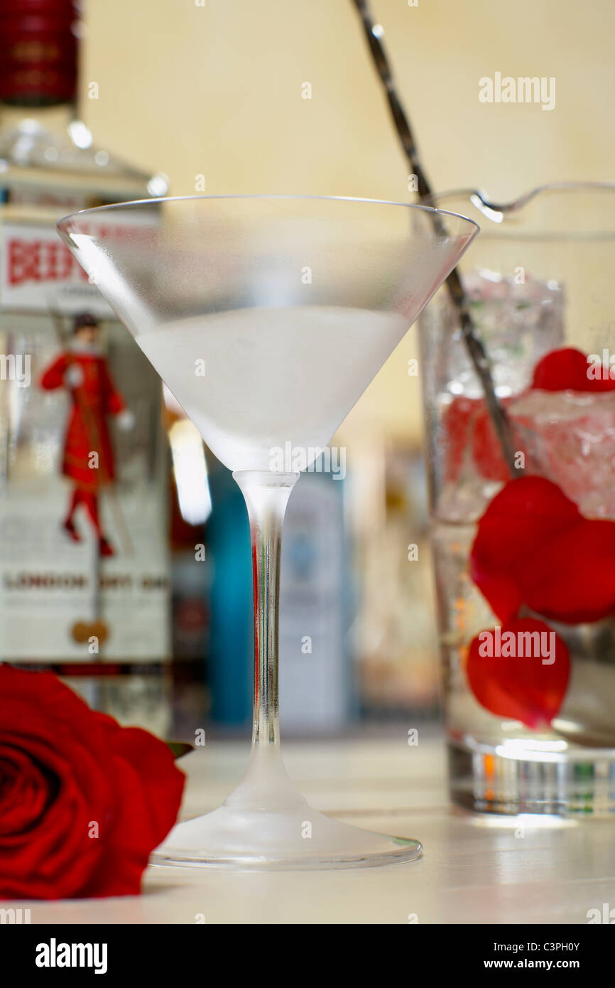 Martini glass with martini and glass with ice cubes and rose petal ...