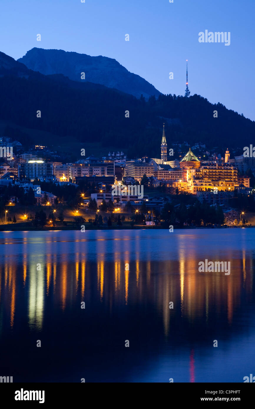 Switzerland, Grisons, St. Moritz with Lake St. Moritz at night Stock ...
