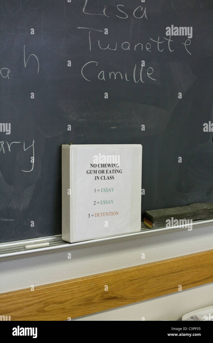 Teacher poses classroom rules on a blackboard at a junior high ...