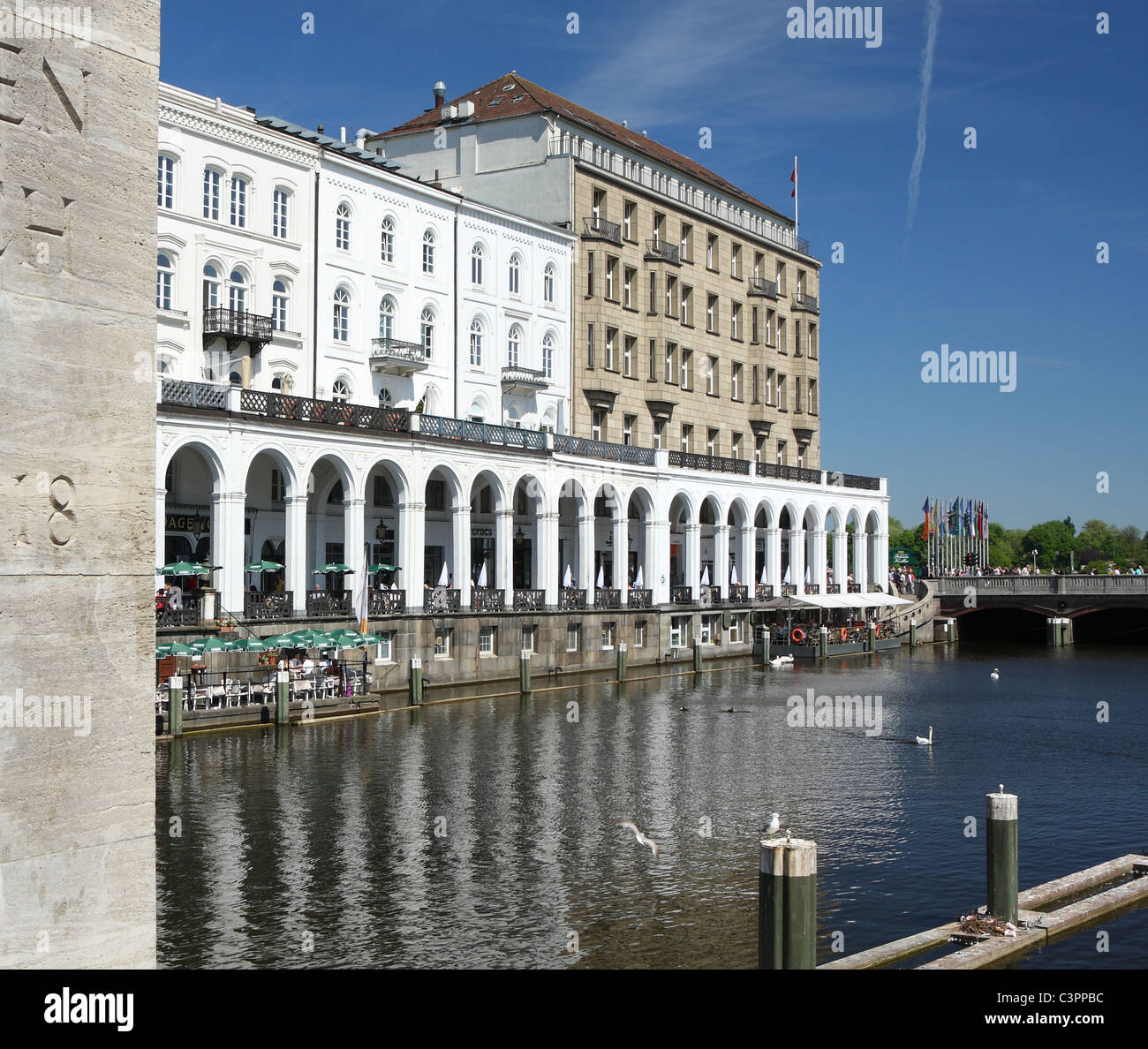 View of the Alster arcades across the Alster river in Hamburg, Germany ...