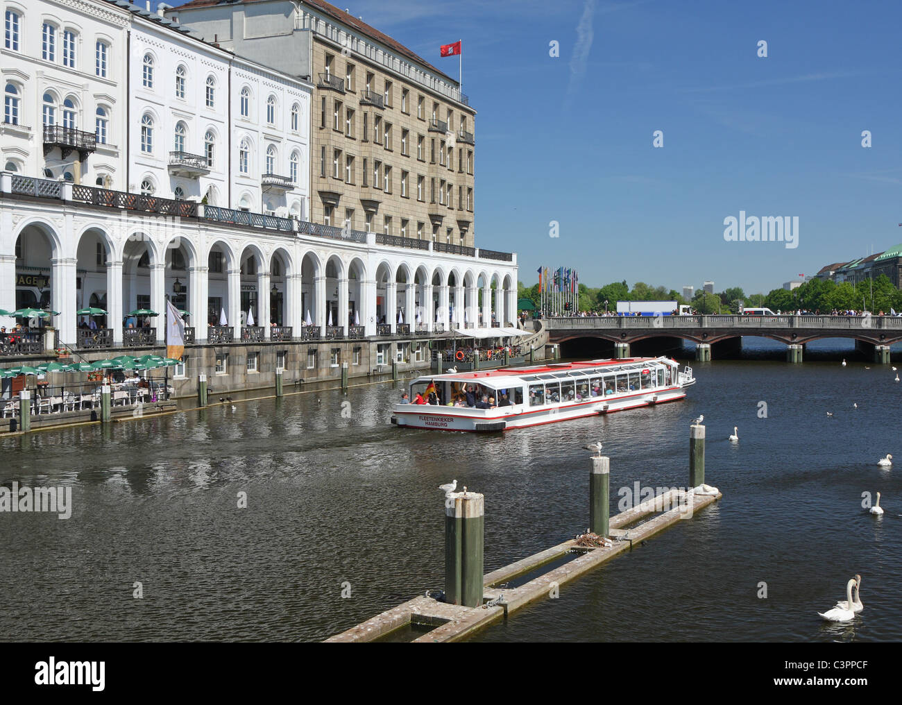 View of the Alster arcades across the Alster river in Hamburg, Germany ...