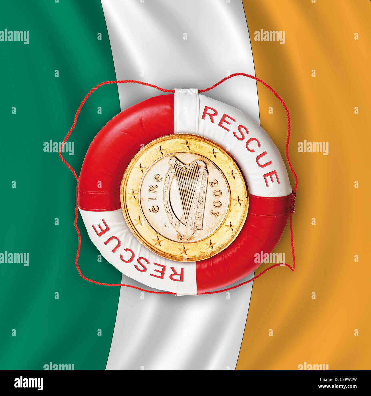 Euro coin in lifebelt against irish flag hi-res stock photography and ...