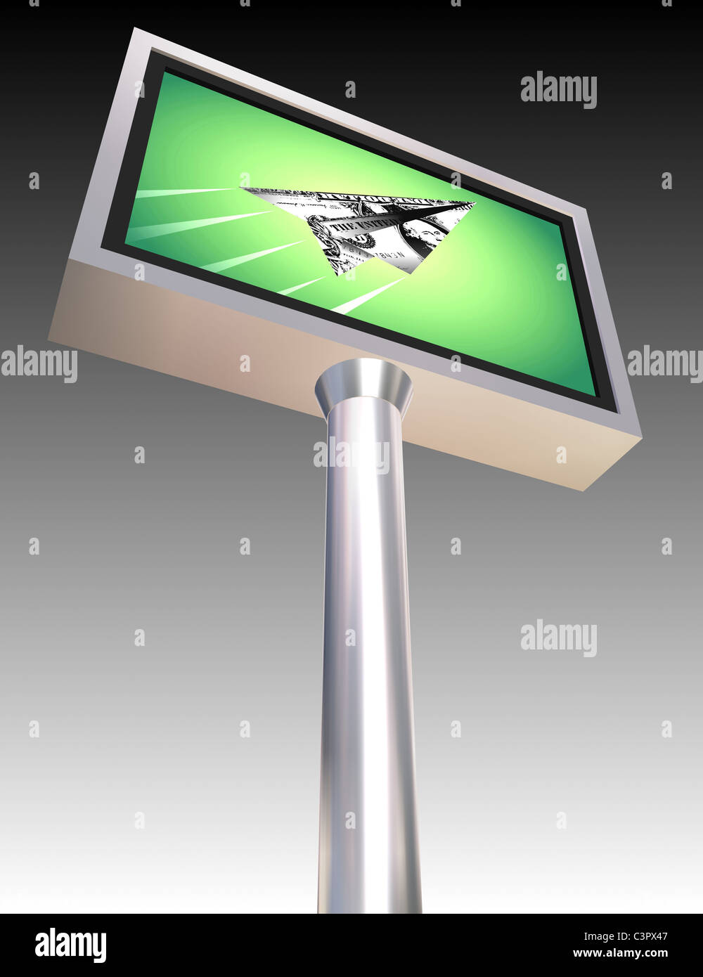 Billboard lcd display with flying dollar bill inside over a gradient ...