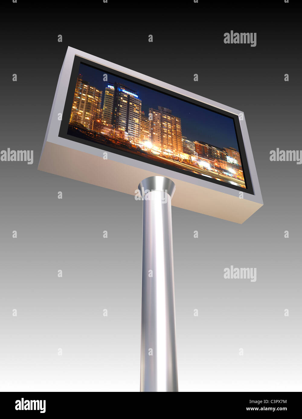Bottom view of a billboard lcd display displaying a night cityscape ...