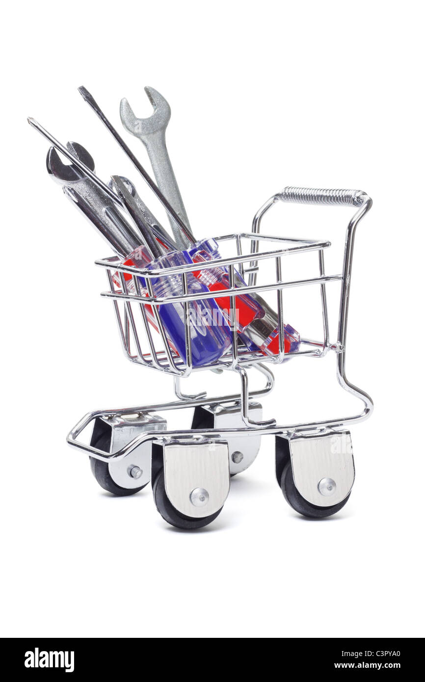 Shopping cart and hand tools on white background Stock Photo - Alamy