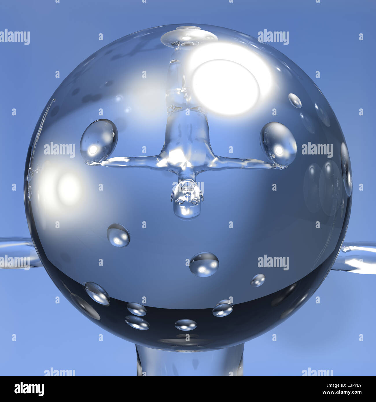 Glossy 3d man reflection holding two glass spheres on blue background ...