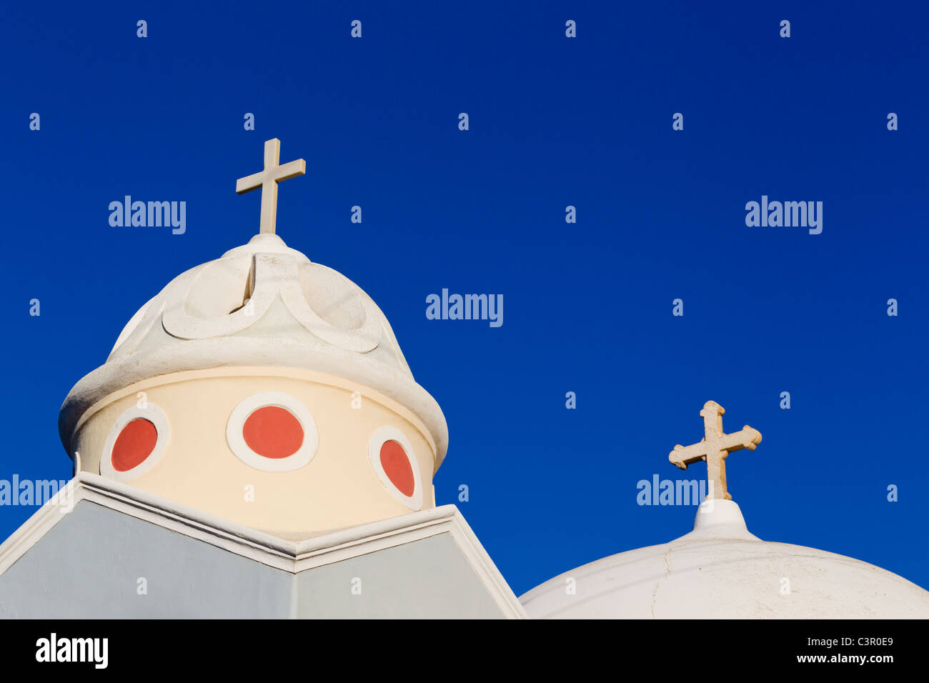 Greece, Cyclades, Thira, Santorini, Fira, View of cupola of a church ...