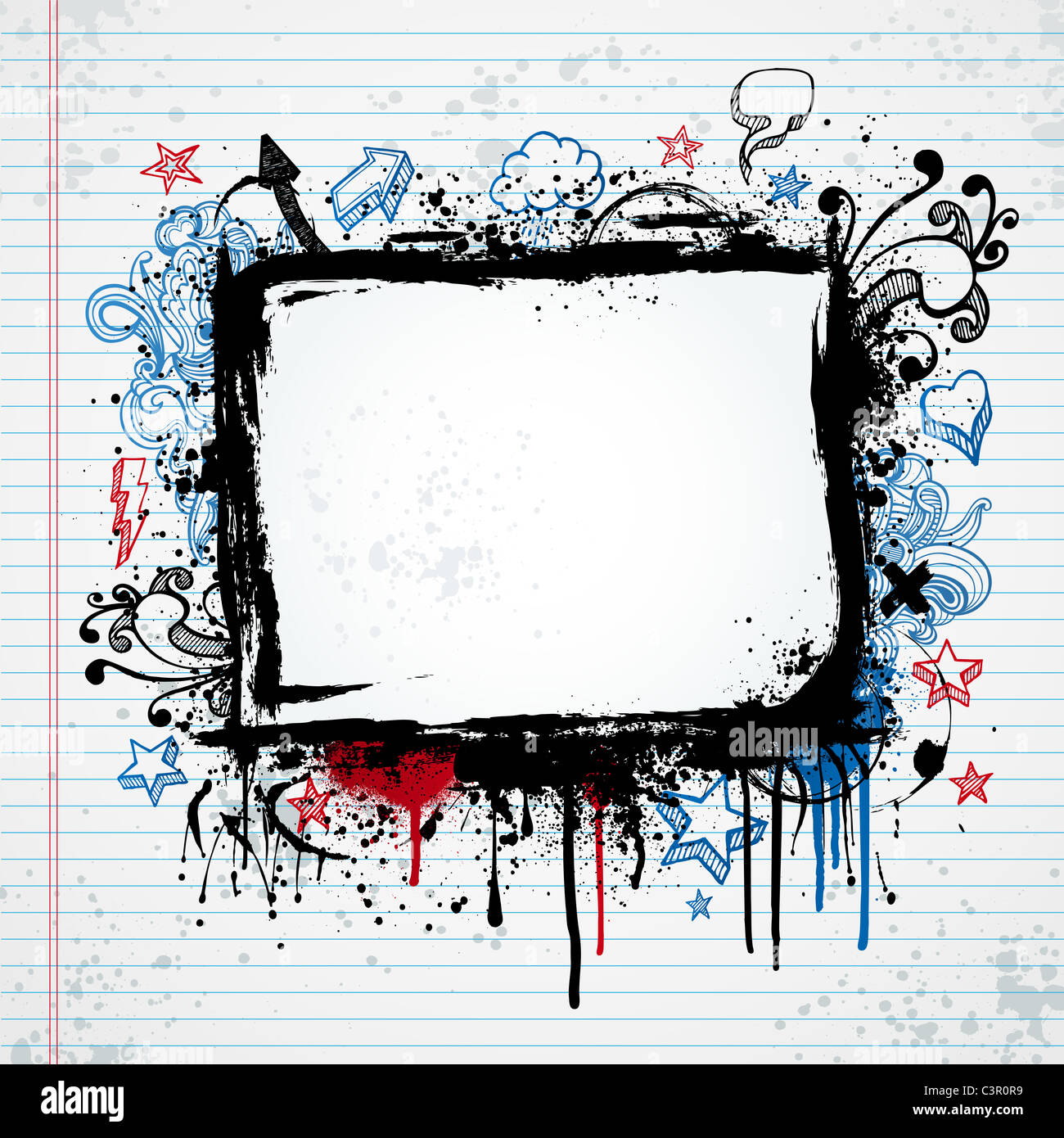 Grunge notebook illustration with paint splatter and sketched shapes ...