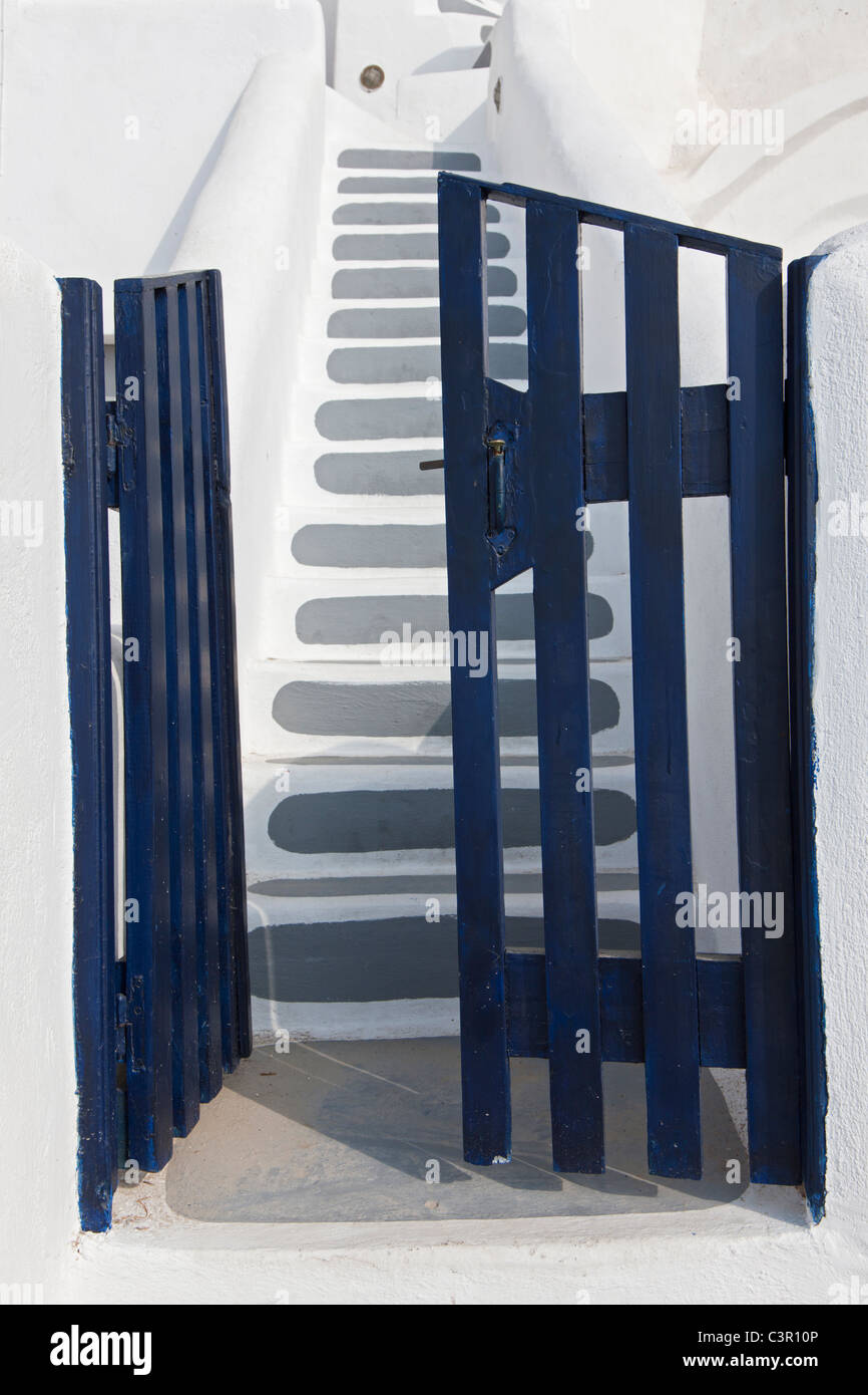 Greece, Cyclades, Thira, Santorini, Open blue gate with staircase Stock ...