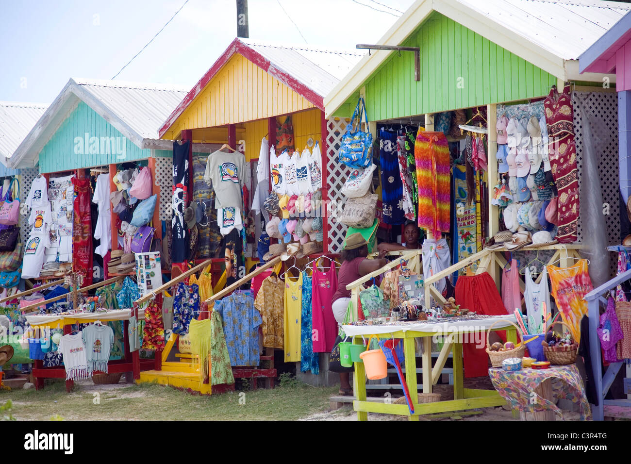 Long Bay Beach traders in colorful shacks in Antigua Stock Photo - Alamy