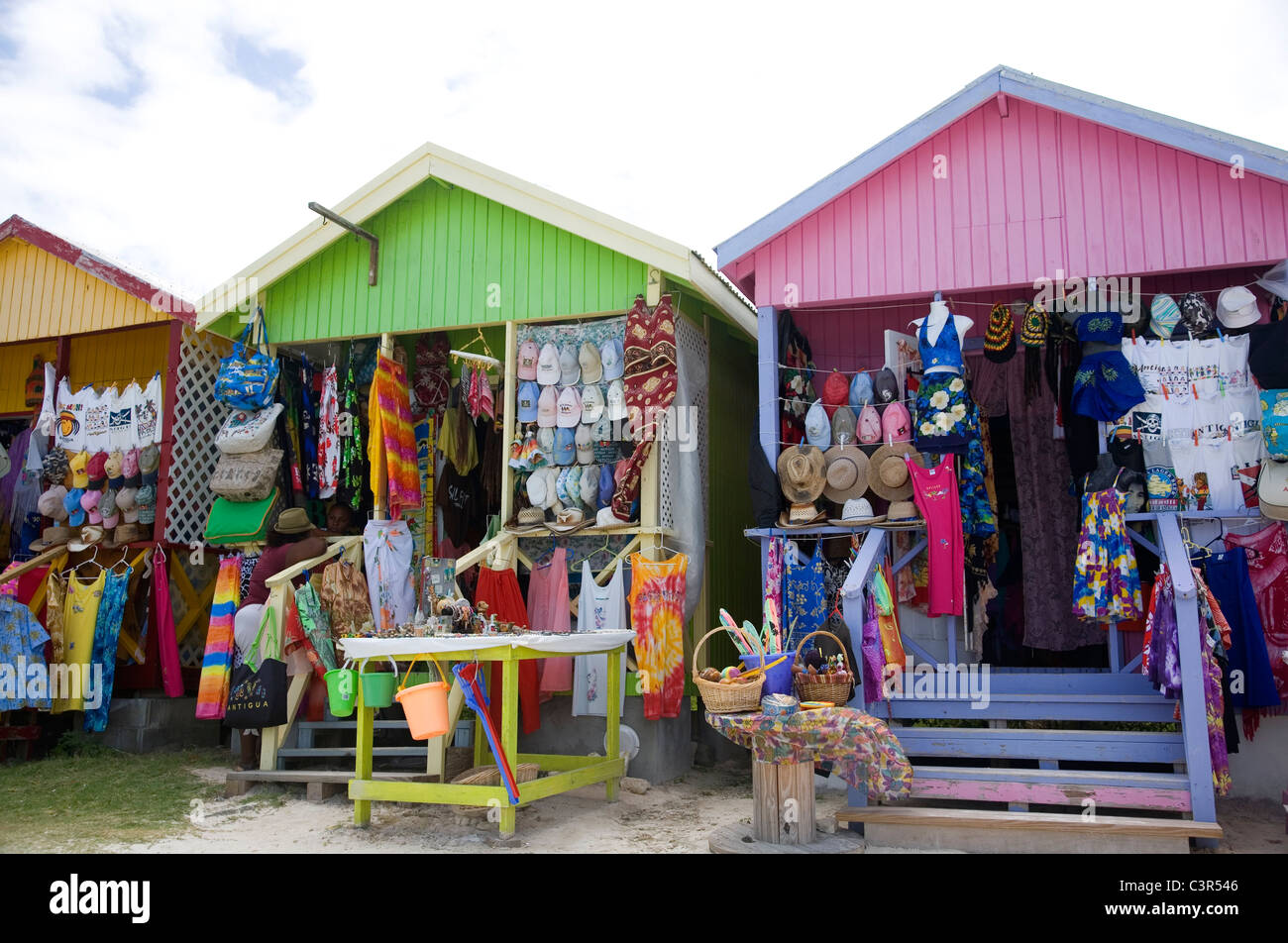 Long Bay Beach traders in colorful shacks in Antigua Stock Photo - Alamy
