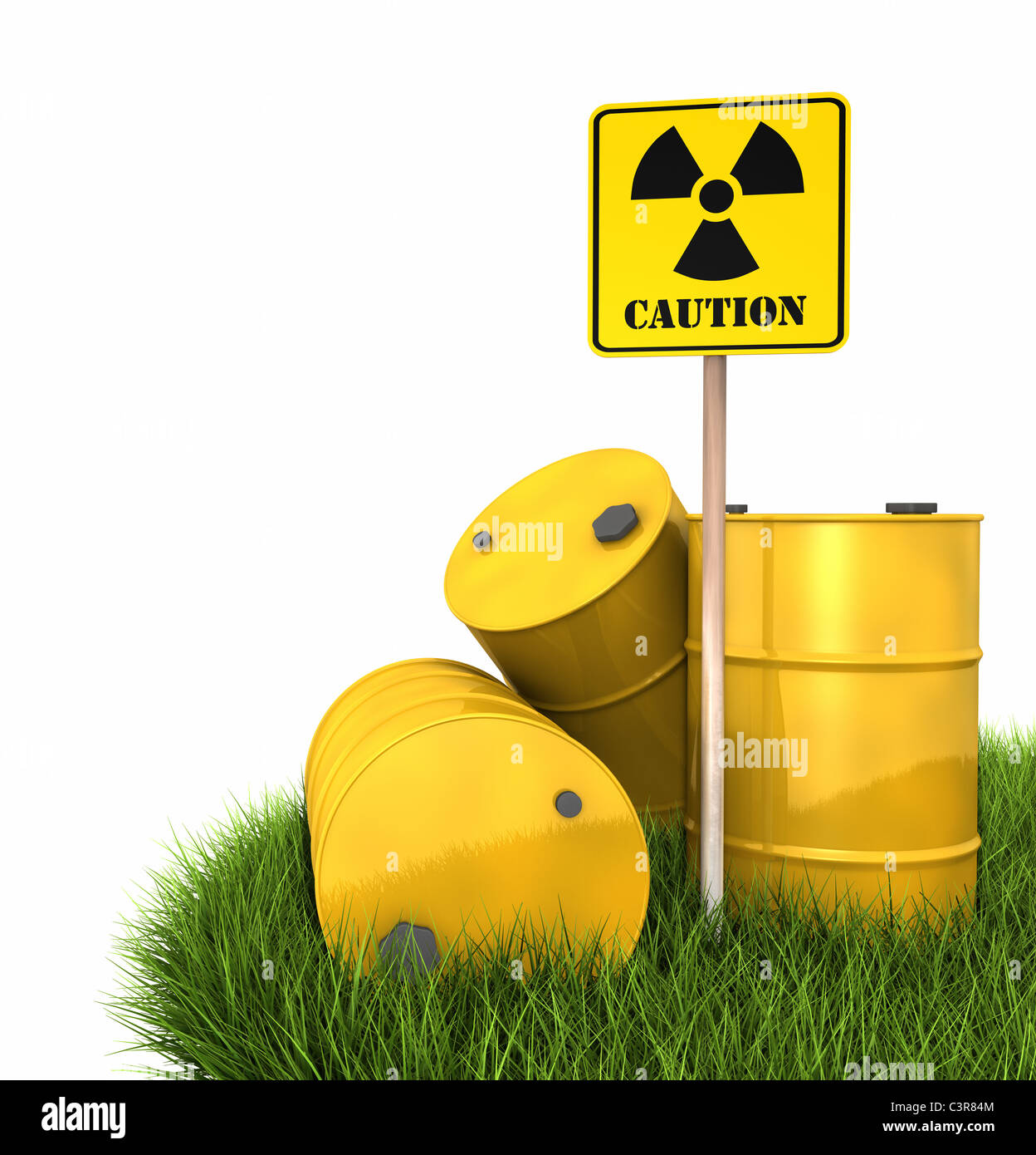 Radioactive landfill, barrels on grass with sign of radiation, 3d ...