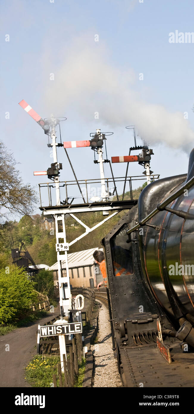 North Yorkshire Moors Railway steam locomotive passing signals England ...