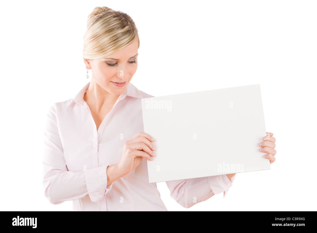 Business woman look down at blank advertising banner Stock Photo - Alamy