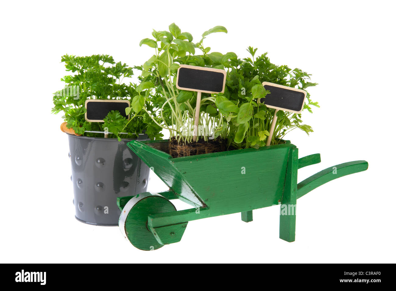 Kitchen herbs in pot and wheel barrow isolated over white Stock Photo ...