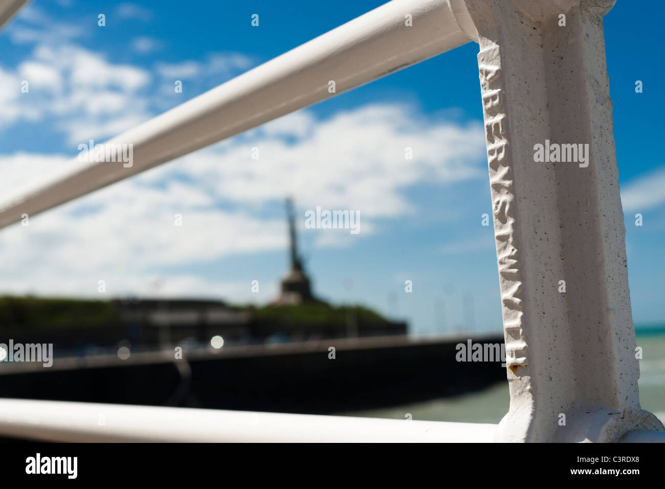Aberystwyth seafront railings with the name of the town embossed in the ...