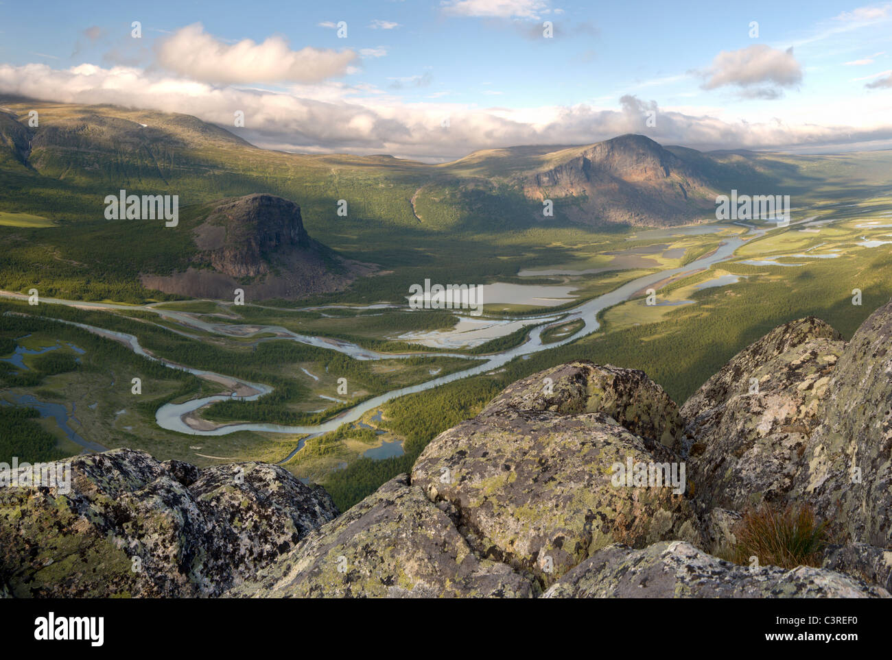 Sweden, Lapland, Rapa valley with the delta of the river Rapa├ñtno and ...