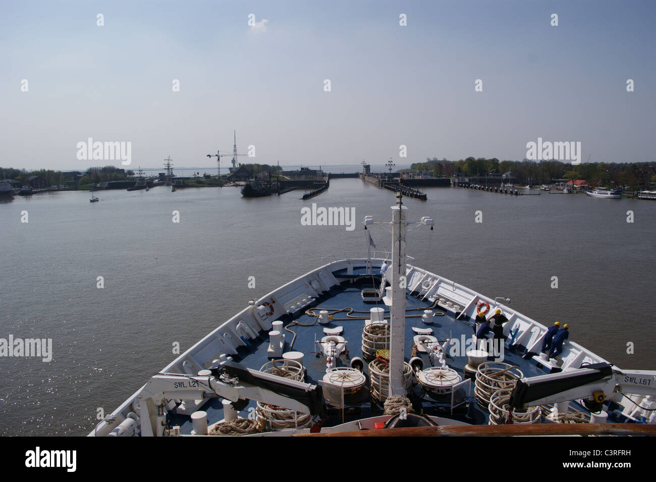 MV 'Marco Polo' approaching Brunsbuttel locks, Kiel Canal, Schleswig ...