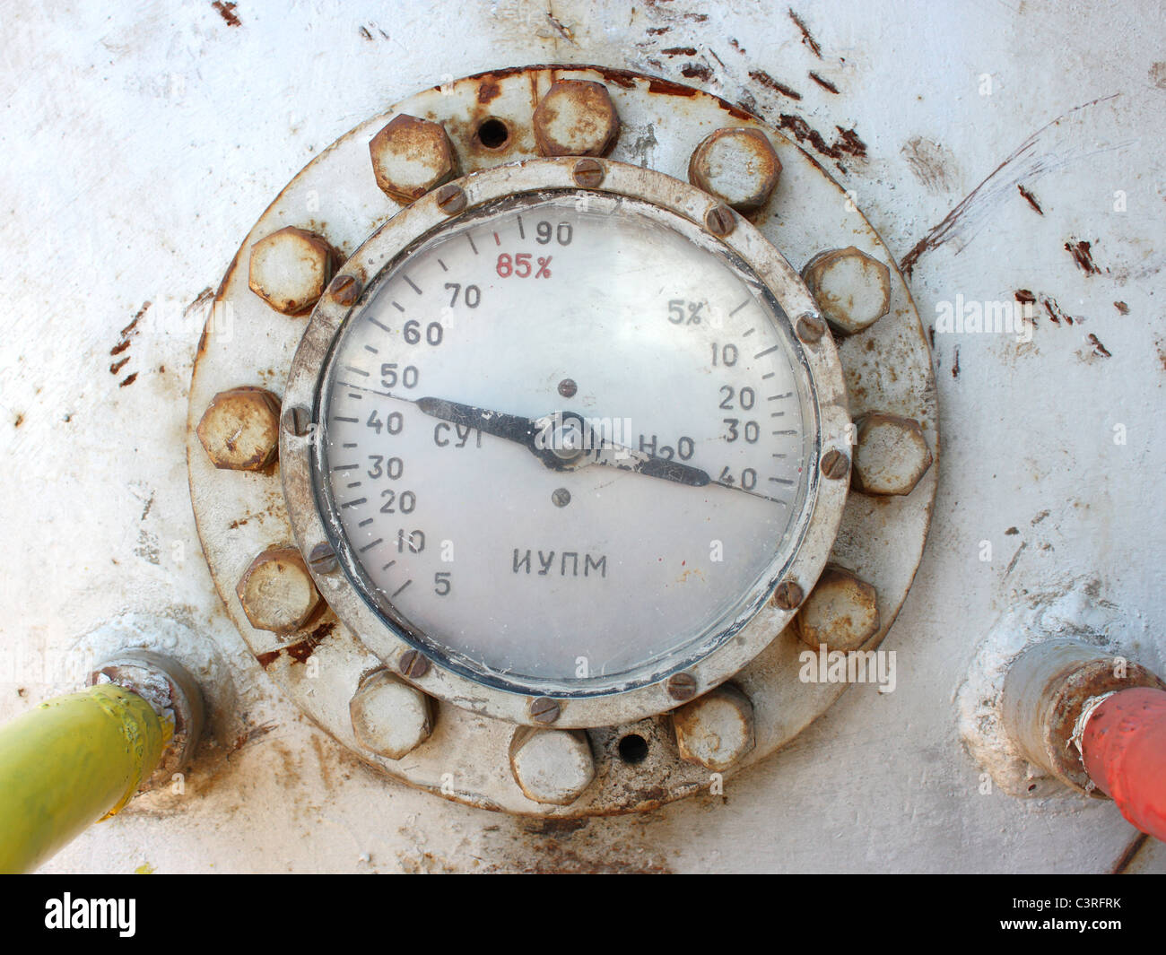 Industrial pressure meter - barometer and water pipes in the background ...