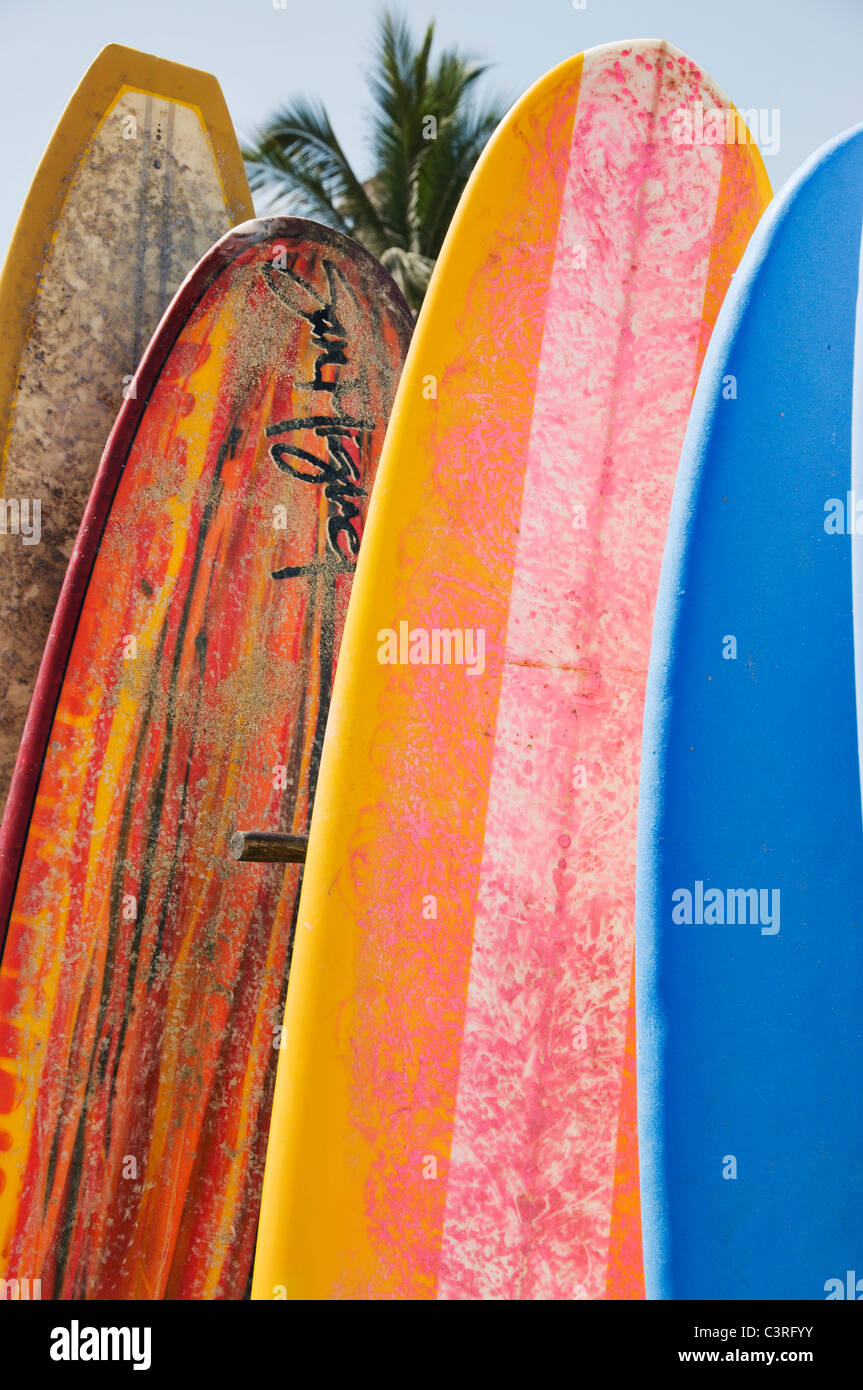 Vertical row of colorful longboard surfboards in Sayulita, Mexico Stock ...