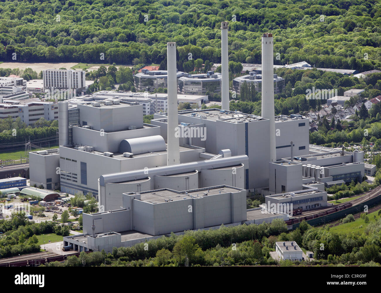 Germany, Munich, View of power station with smoke stacks Stock Photo ...
