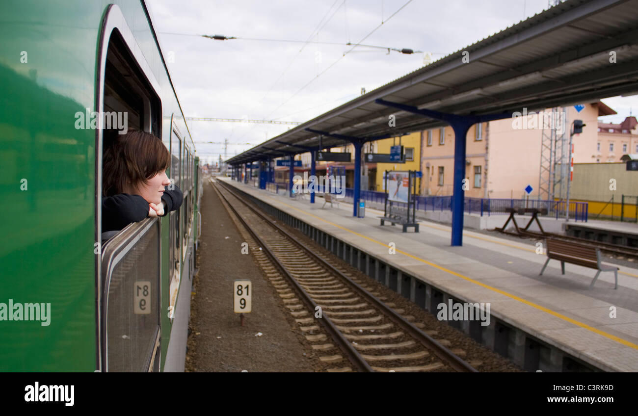 Czechoslovakia, Young woman looking through train window Stock Photo ...