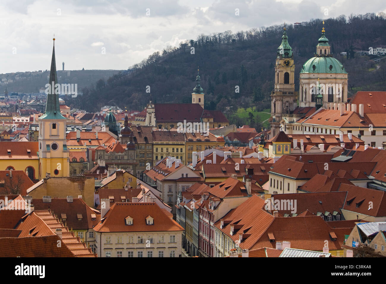 Czechoslovakia, Prague, View of downtown city with mountains Stock ...