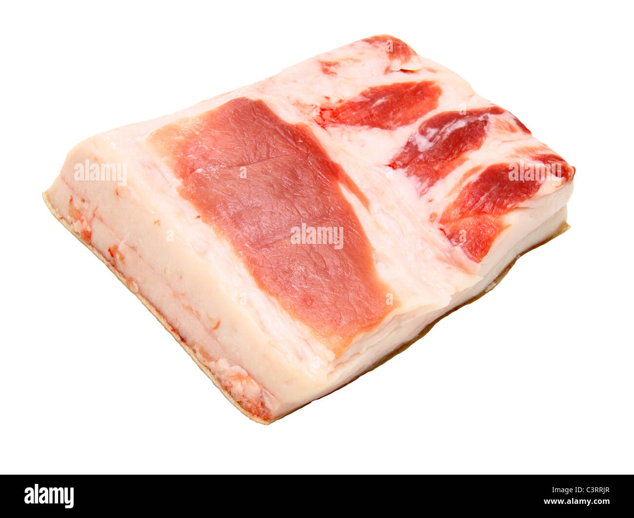 The big piece of fresh fat with a meat layer on a white background ...