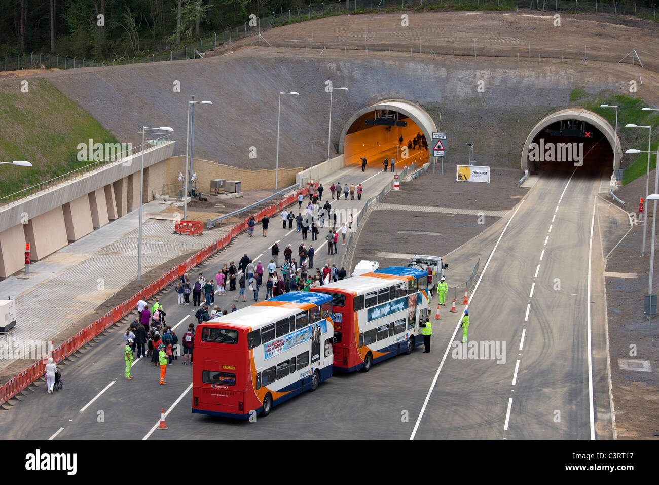 Walkers leaving buses to walk through the A3 Hindhead Tunnel at the ...