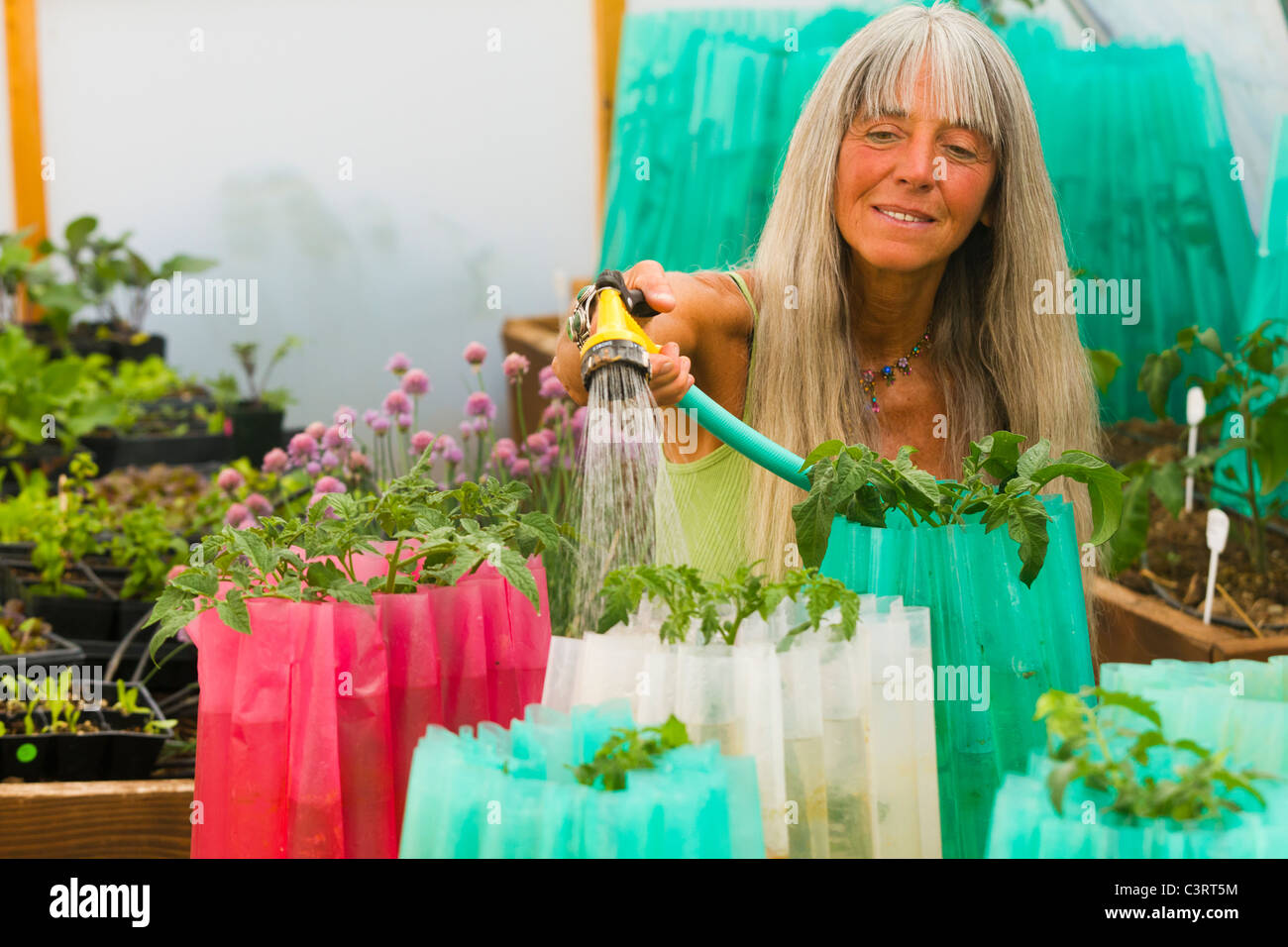 Caucasian woman watering plants in garden Stock Photo - Alamy