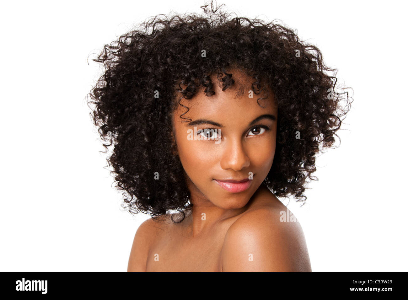 Beautiful Happy Female Face With Smooth Skin And Dark Curly Hair