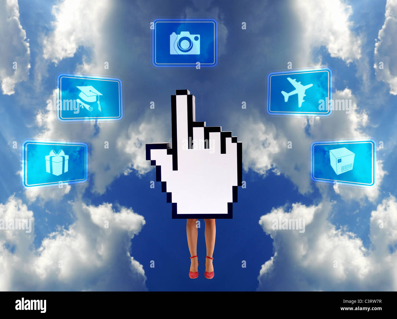 Hand cursor with female legs sorrounded of e-commerce icons over sky ...