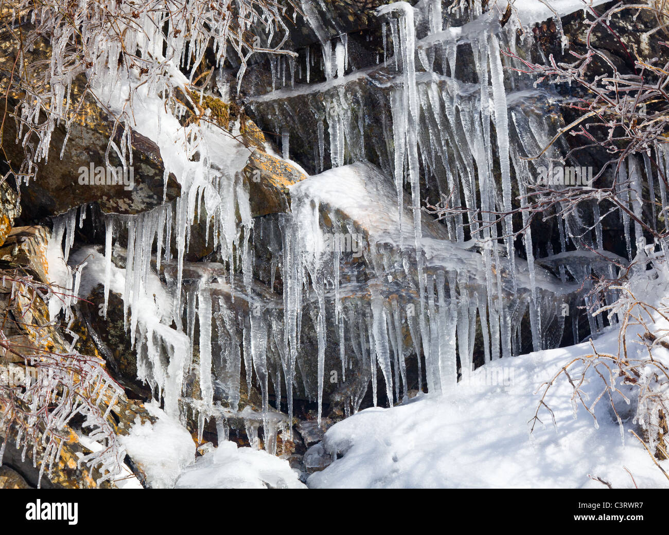 Icicles frozen to rock face on famous weeping wall in Smoky Mountains ...