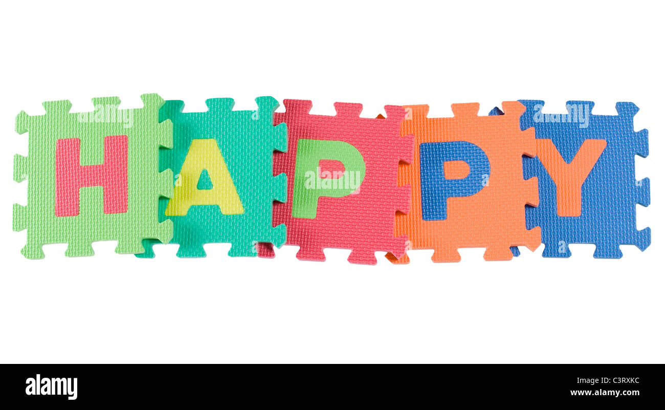 Alphabet blocks forming the word HAPPY isolated on white background ...