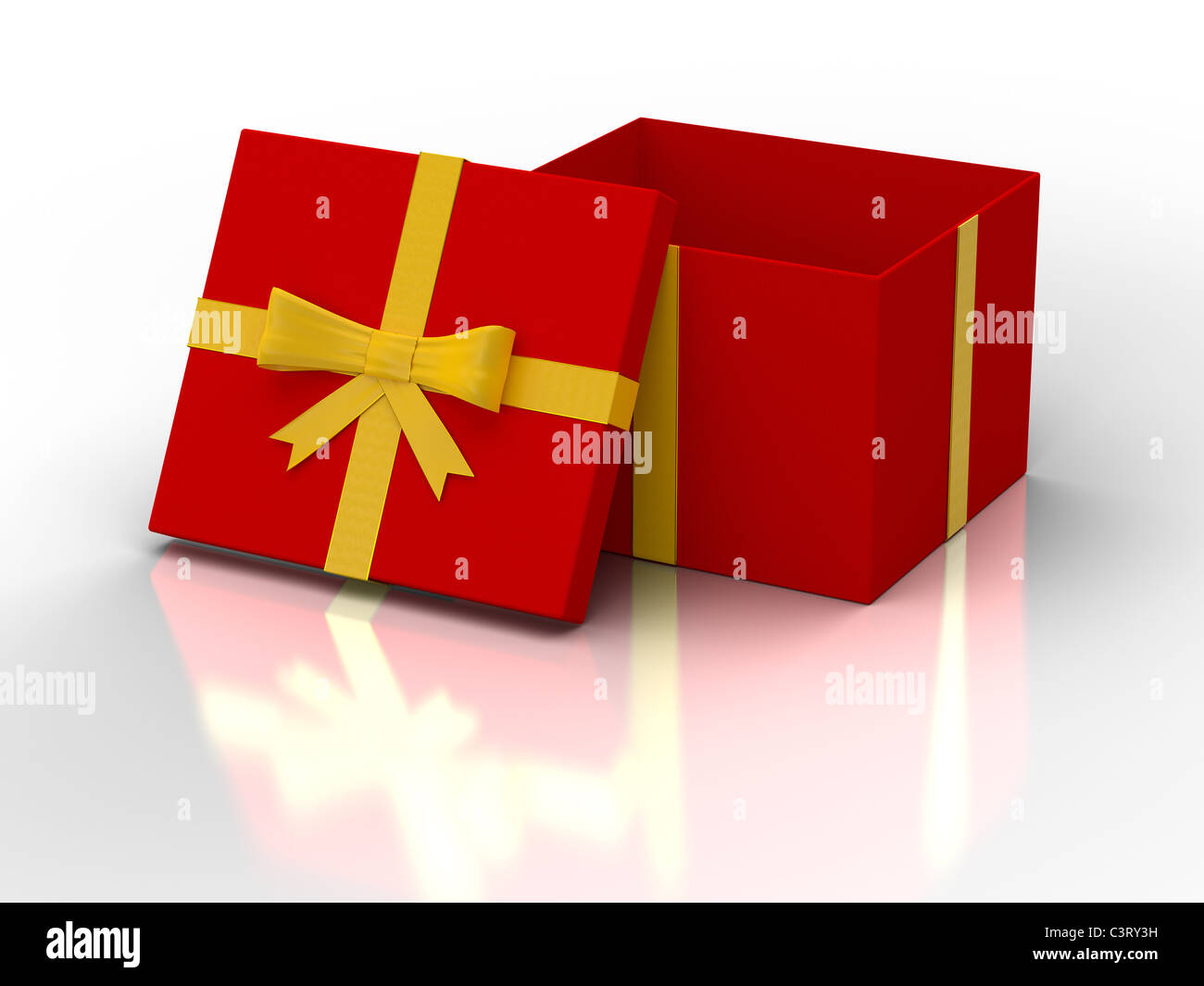 Open red gift box with yellow ribbon on white background Stock Photo ...