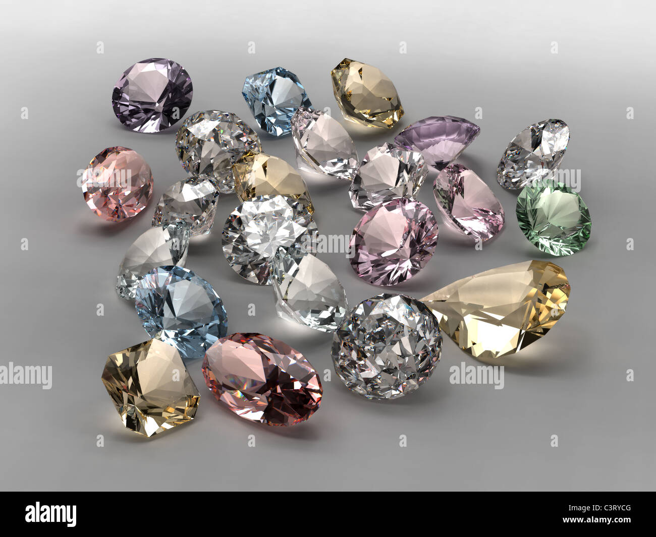 Shiny diamonds in different shapes and colors on gray background Stock ...