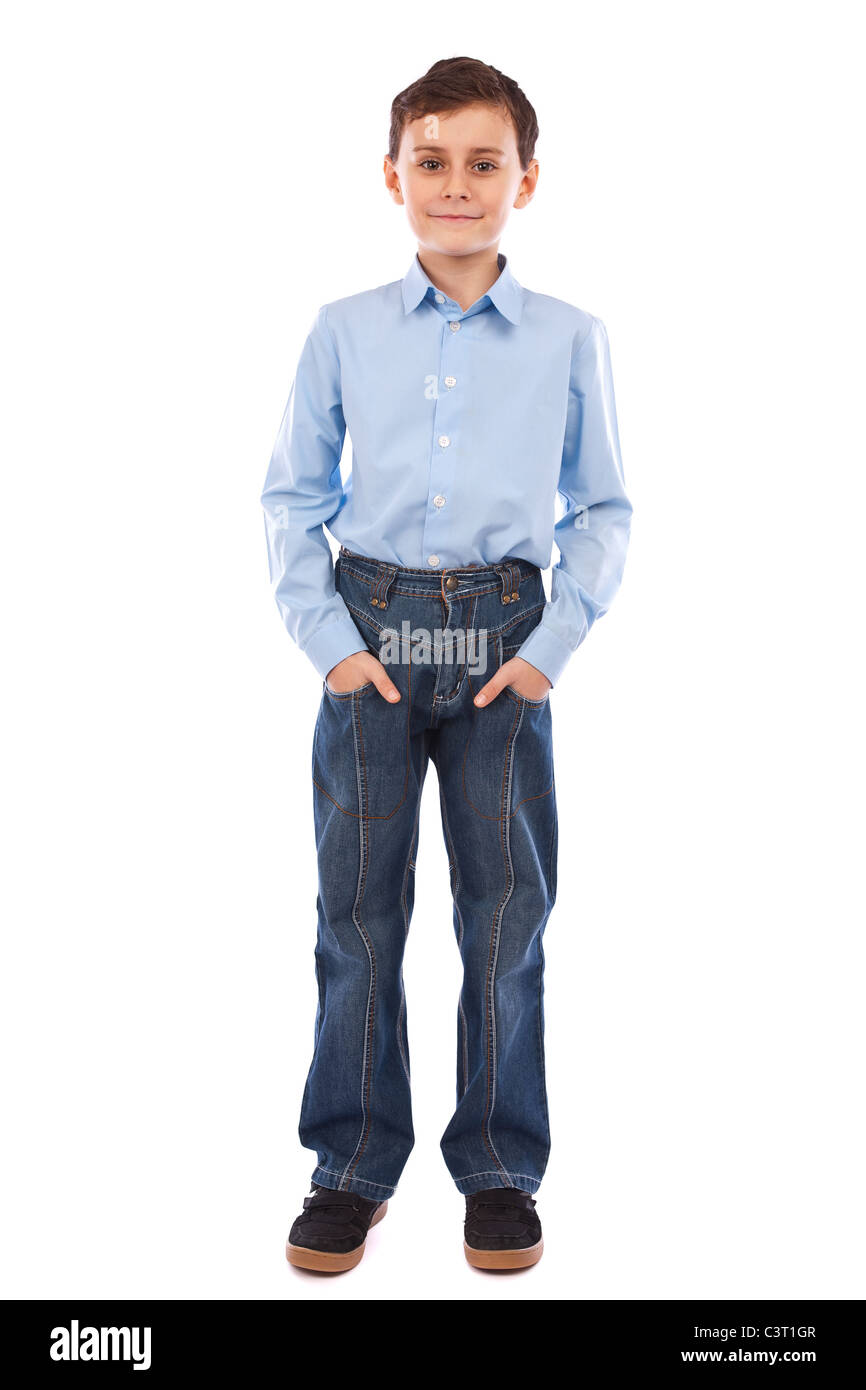 Cute school boy with his hands in his pockets, isolated on white ...