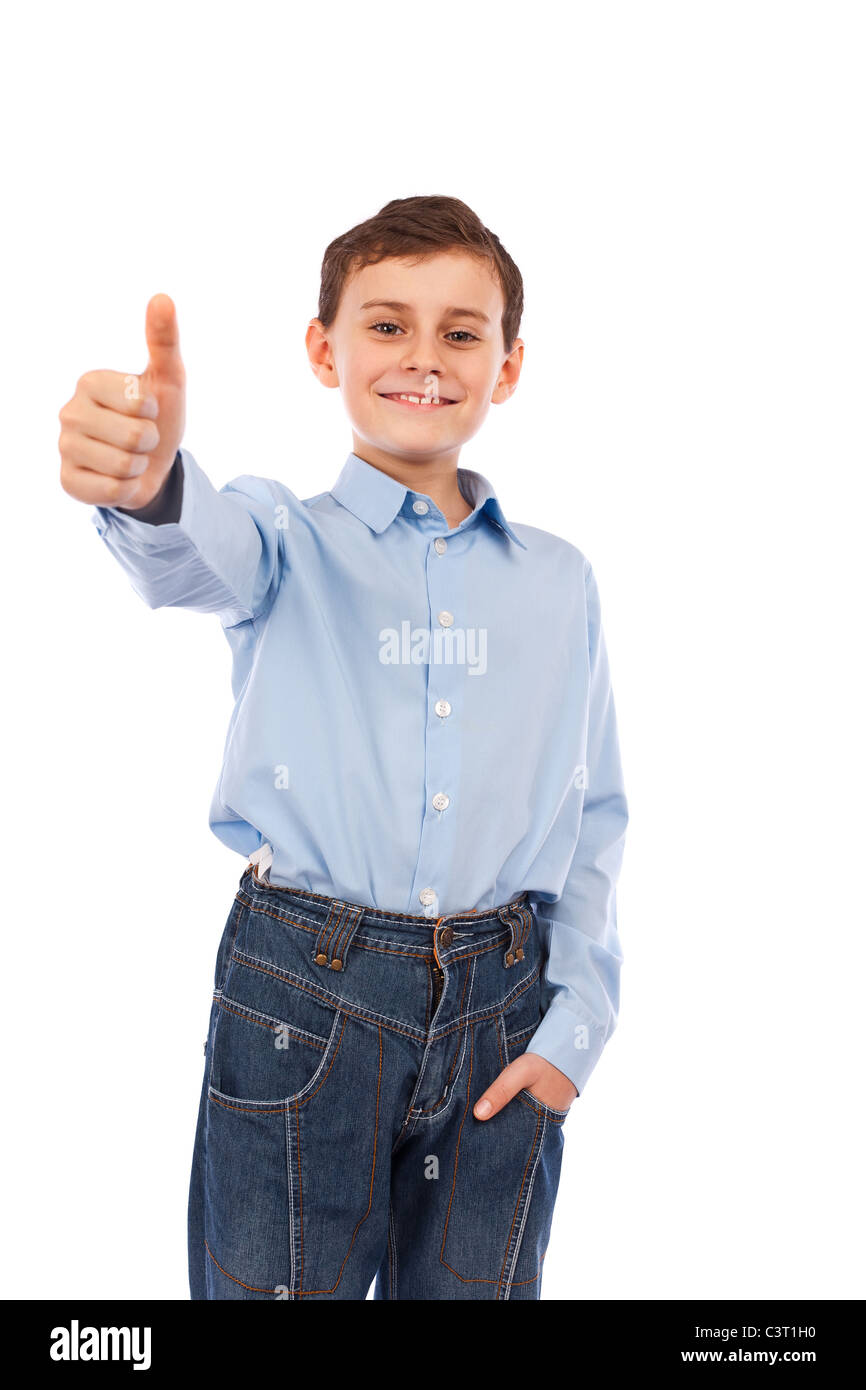 Cute schoolboy making thumbs up sign, isolated on white background ...