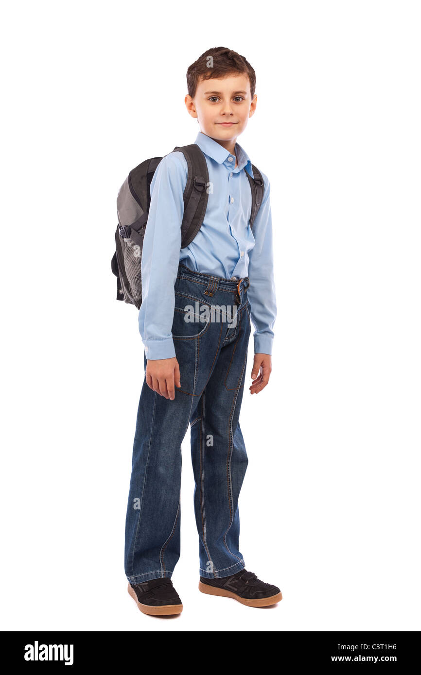 Portrait of a cute schoolboy with backpack, isolated on white ...