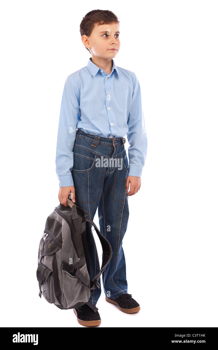 Portrait of a cute schoolboy with backpack, isolated on white ...