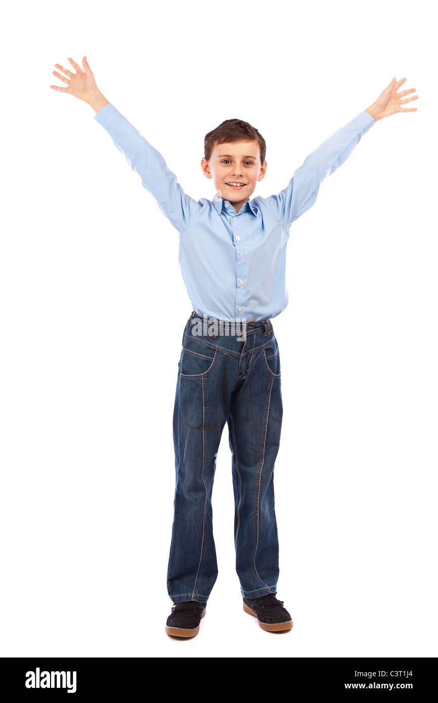 Full body portrait of a cheerful schoolboy isolated on white background ...