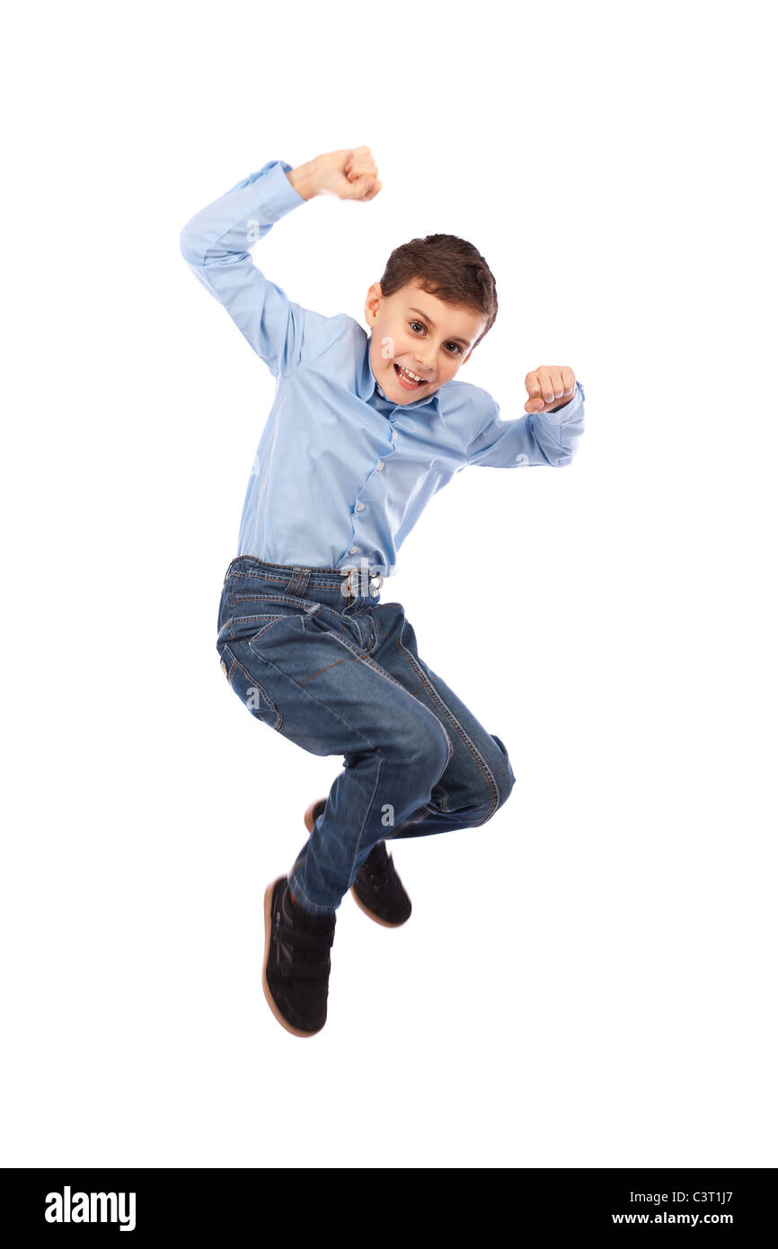 Happy kid jumping for joy, isolated on white background Stock Photo - Alamy