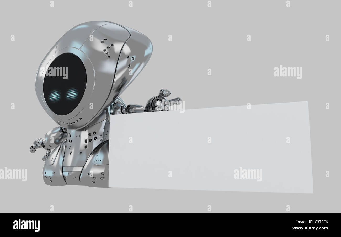 Stylish robot with ad on gray. Cool glossy robot with board Stock Photo ...
