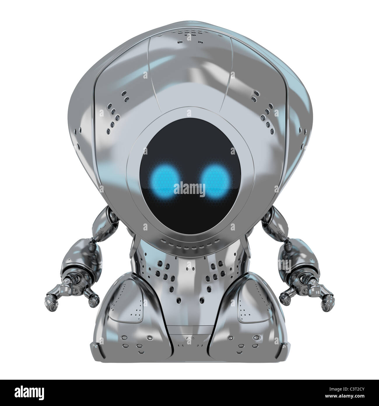 Surreal android with glowing eyes in hexagon grid. Positive silver ...