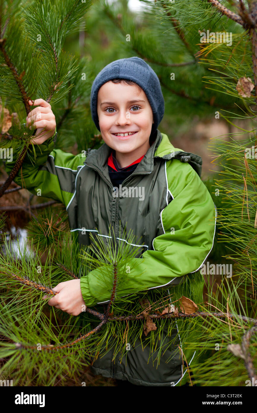 Portrait of a beautiful child outdoor, among pine branches Stock Photo ...
