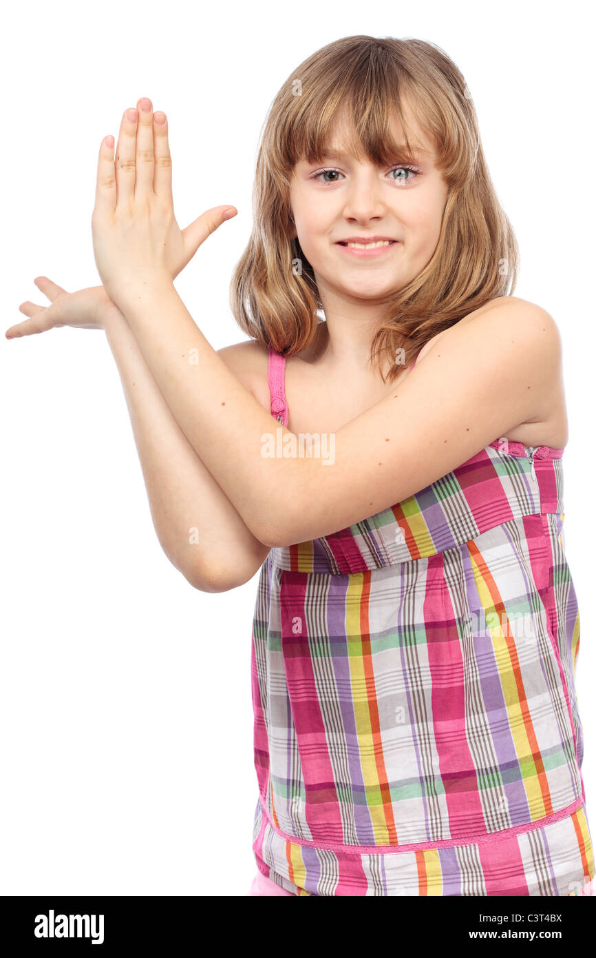 Closeup of a cute girl clapping her hands, isolated on white background ...